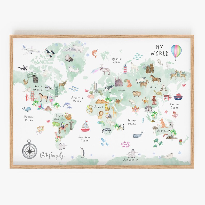 Animal World Map Print World Map Wall Art Educational - Etsy UK