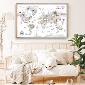 Grey World Map Nursery Wall Art Kids World Map Poster Large - Etsy UK