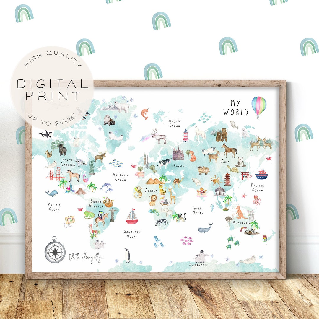 World Map Nursery Wall Art Kids World Map Poster Large World - Etsy