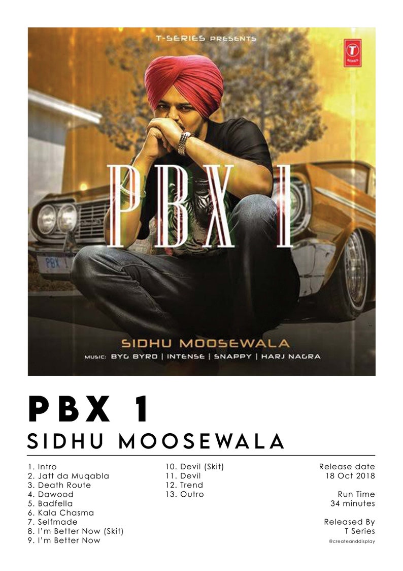 Sidhu Moosewala PBX 1 Album Poster Punjabi Song Poster Indian Bhangra ...