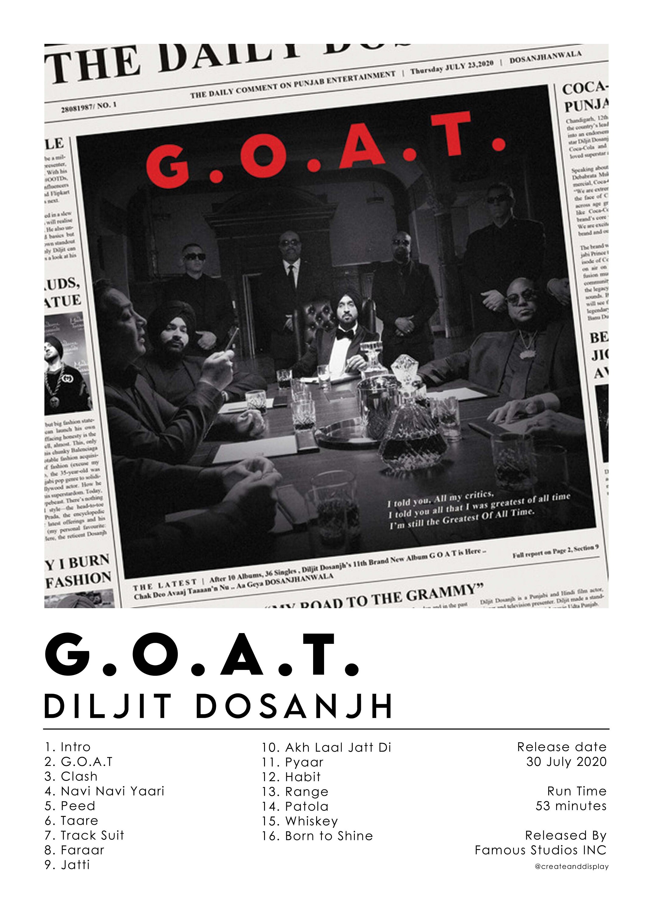 Diljit Dosanjh G.O.A.T. - DIGITAL - Album Poster | Punjabi Song Poster ...