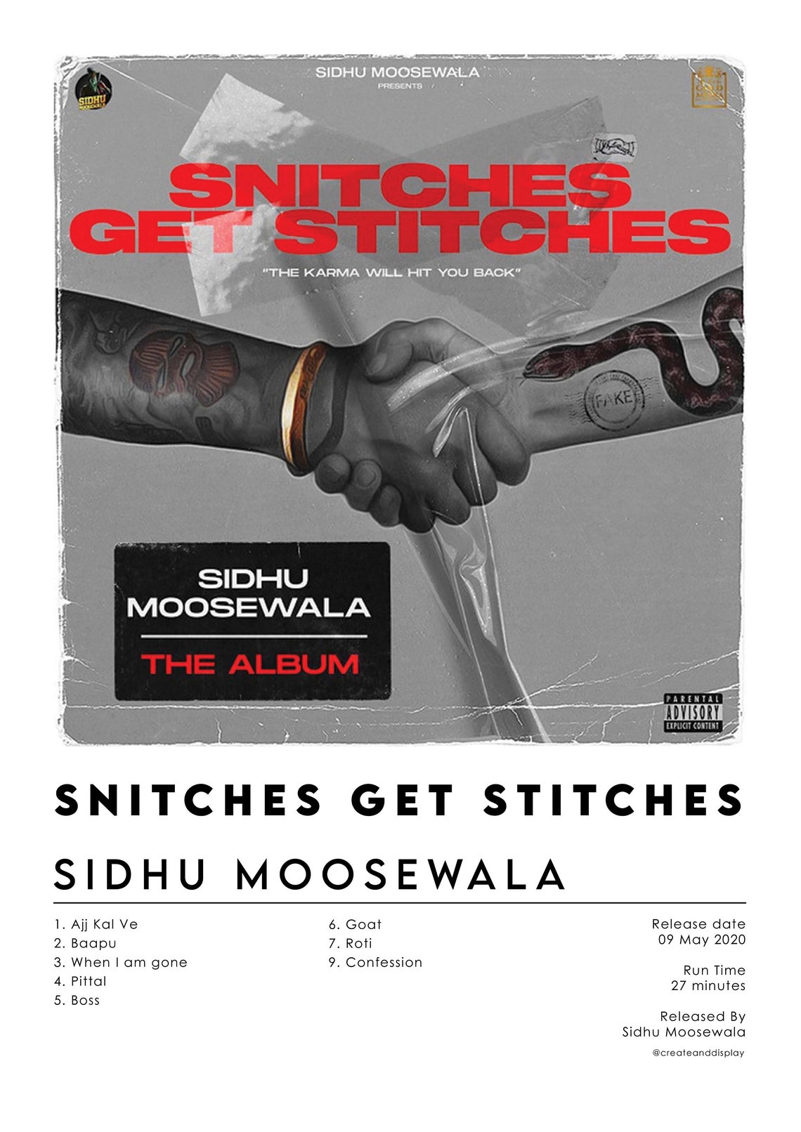 Sidhu Moosewala - Snitches Get Stitches Album Cover Art Poster - Etsy