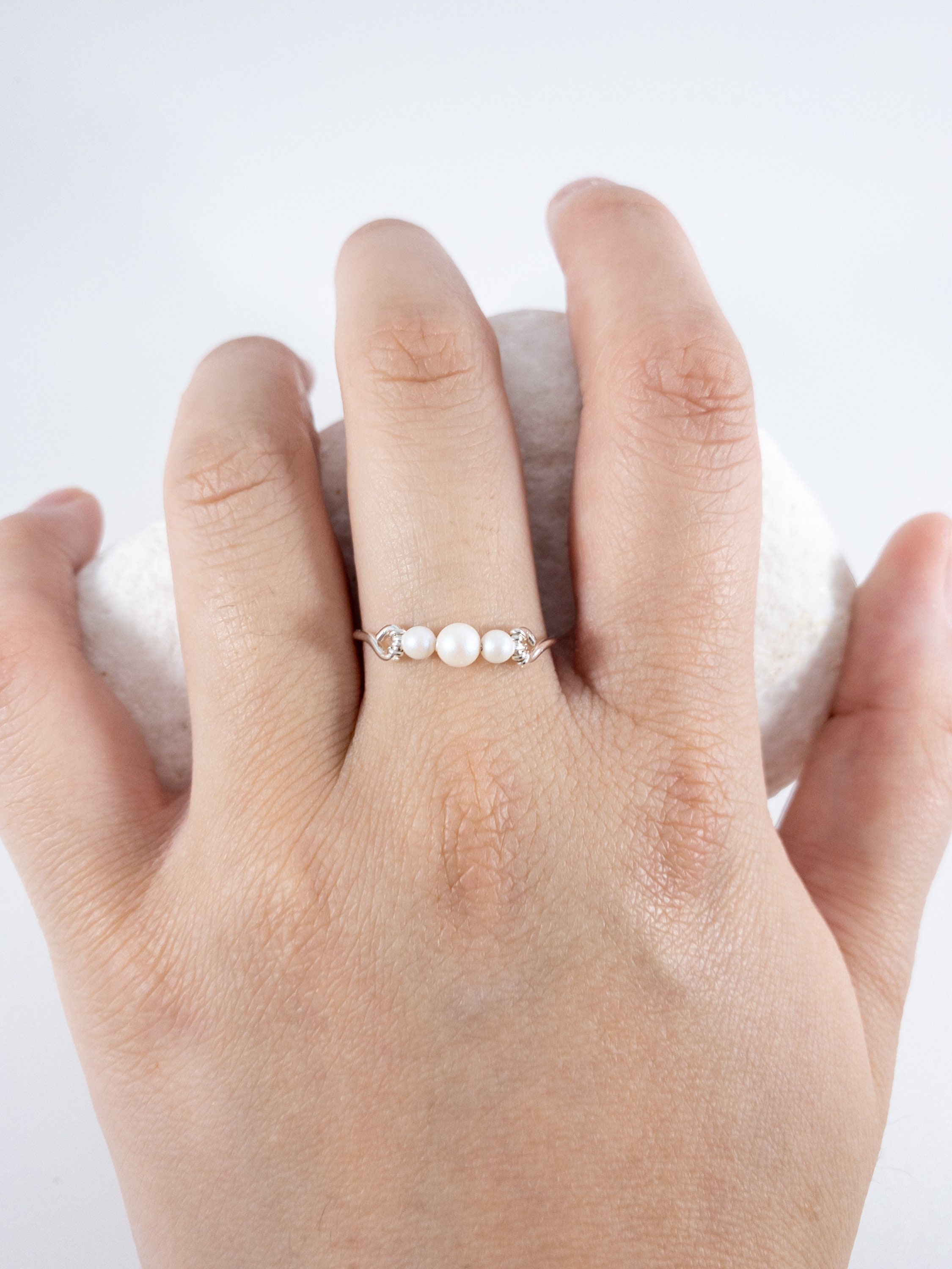 Petite Single Band Silver Ring With Three Pearlescent - Etsy