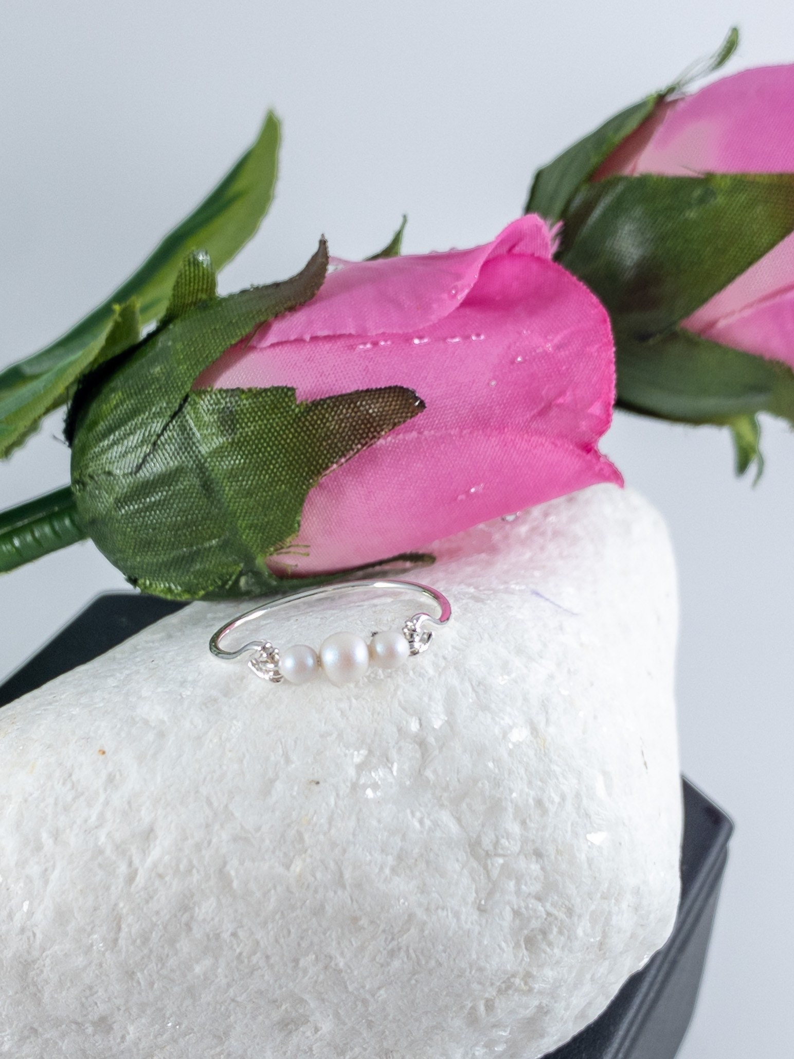 Petite Single Band Silver Ring With Three Pearlescent - Etsy