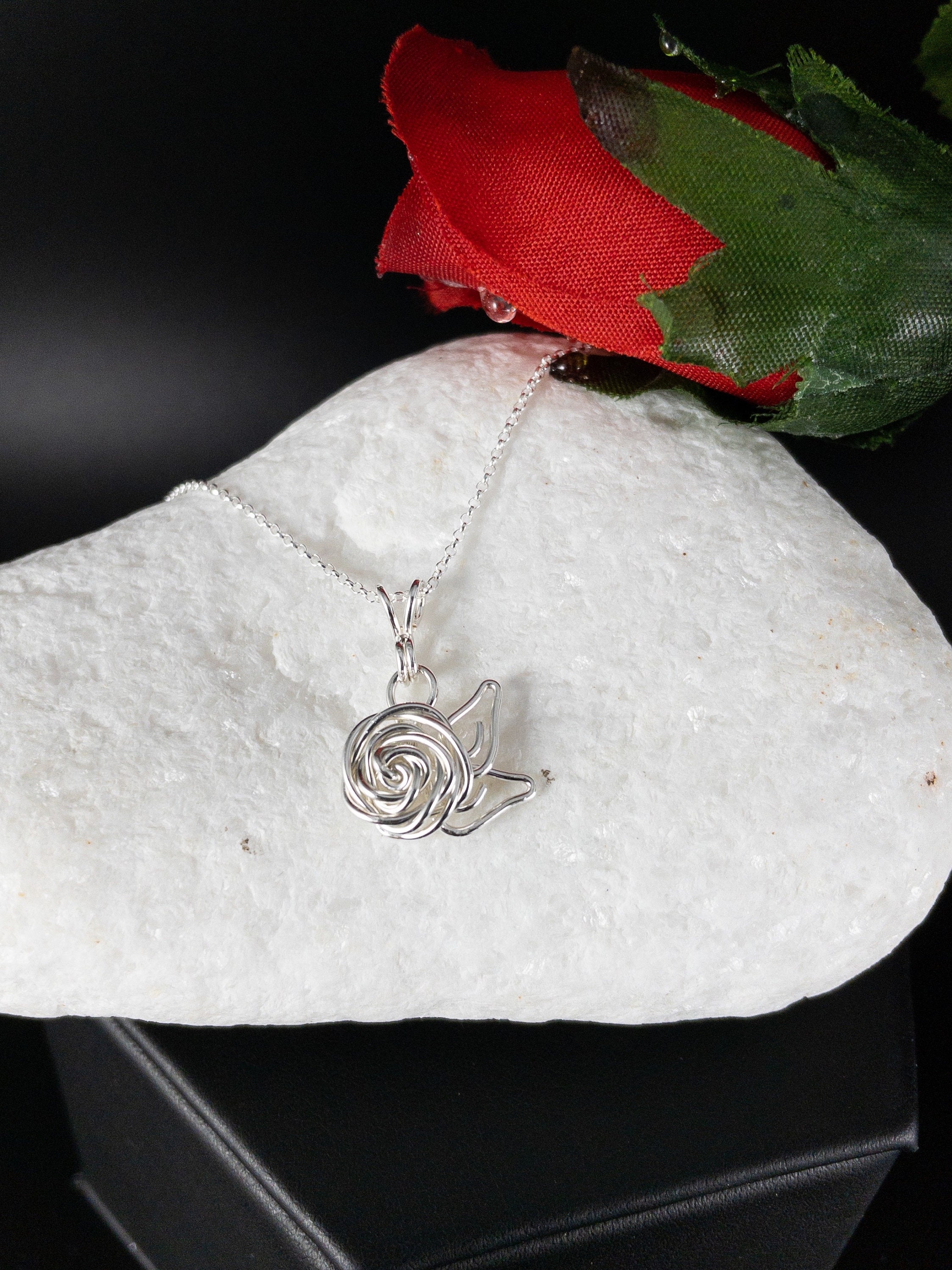 Sterling Silver Rose and Leaf Pendant Necklace Anniversary | Etsy