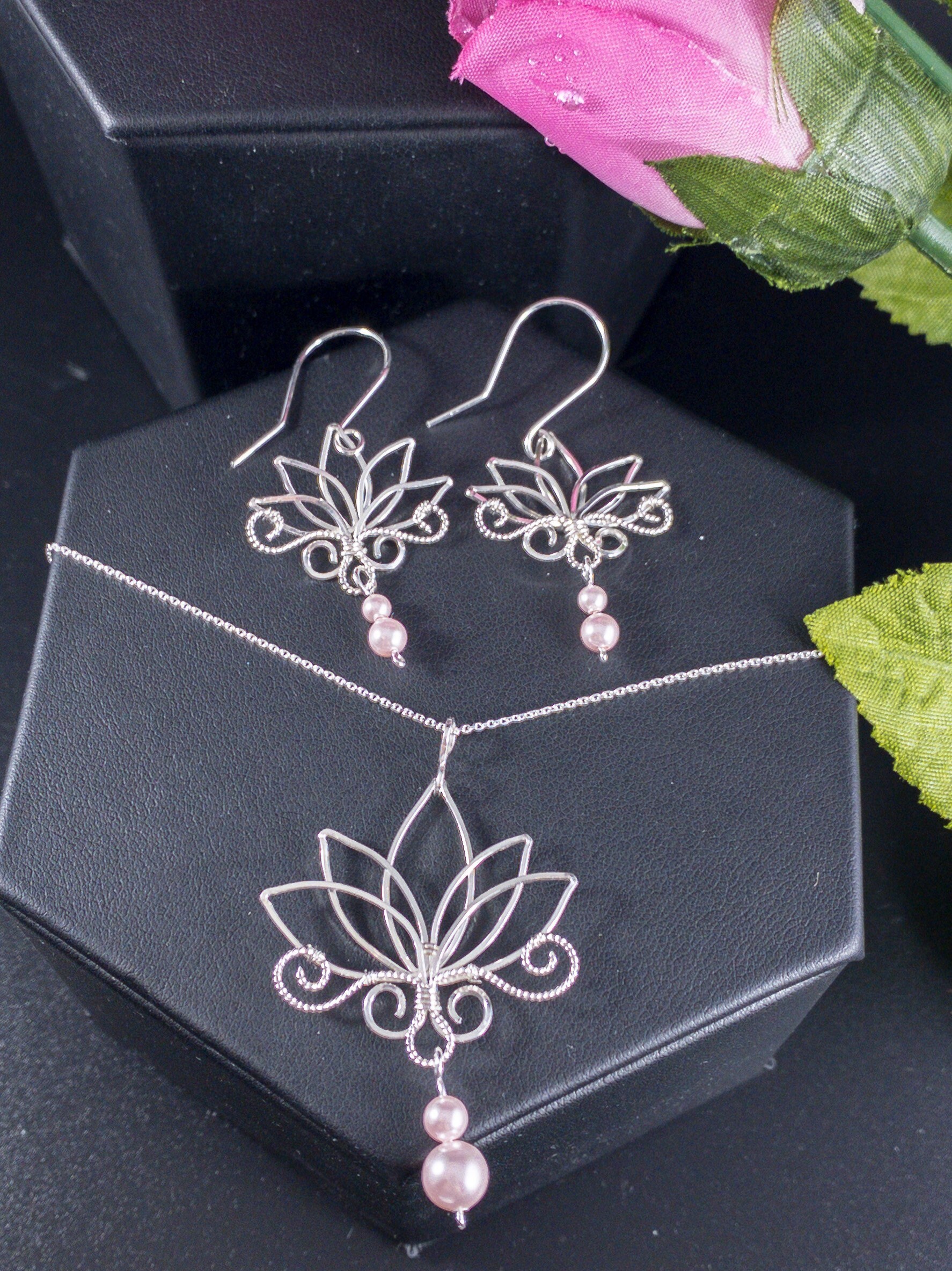 Sterling Silver Lotus Pendant with Swarovski Pearls | Etsy