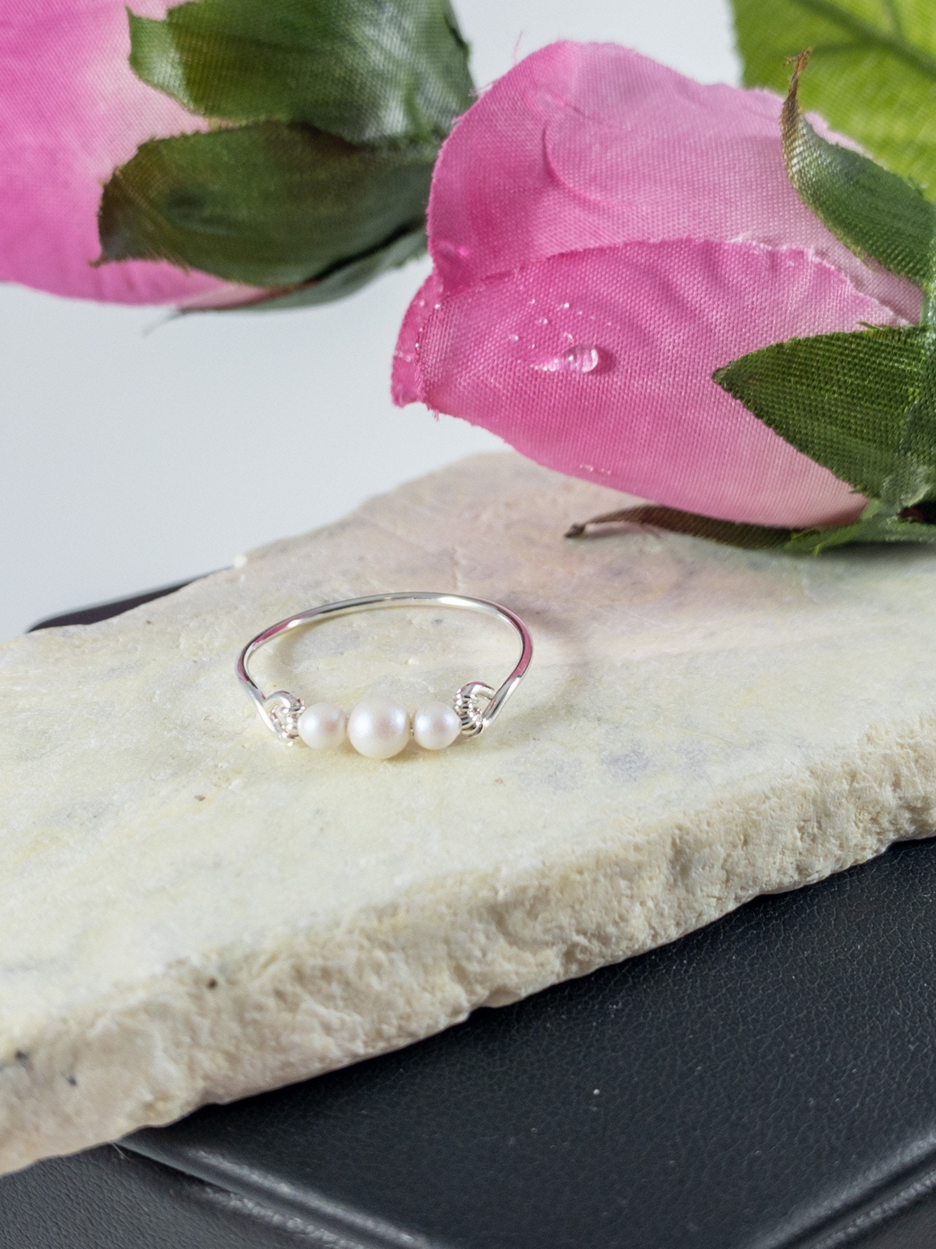 Petite Single Band Silver Ring With Three Pearlescent - Etsy