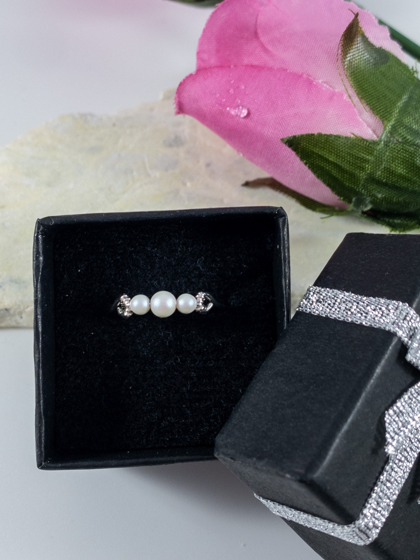 Petite Single Band Silver Ring With Three Pearlescent - Etsy