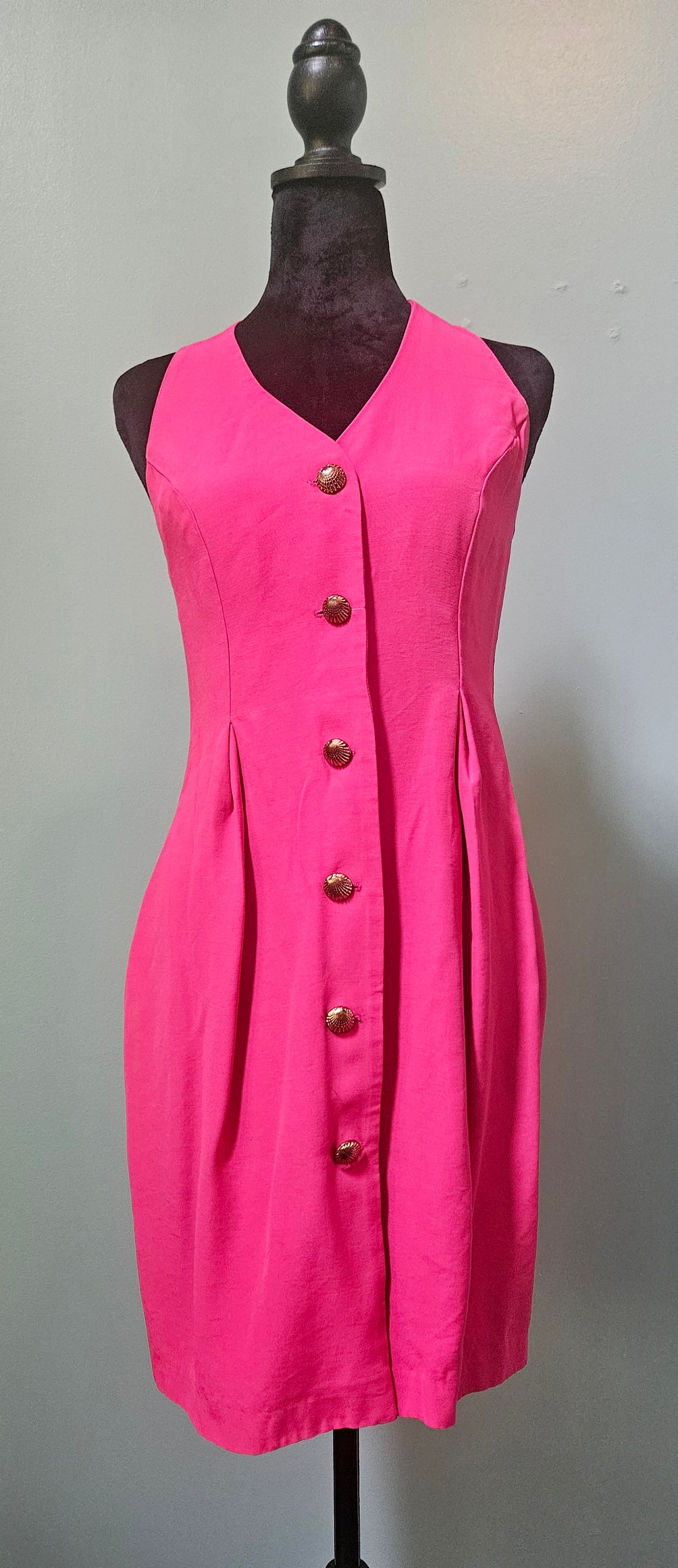 Vintage 80's Irresistible by Sue Eng Strappy Hot Pink Button up Dress ...