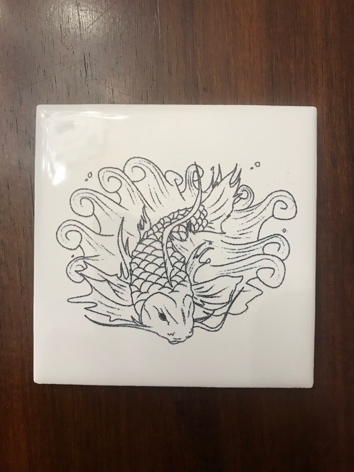 Engraved Koi on Ceramic Tile Coasters | Etsy