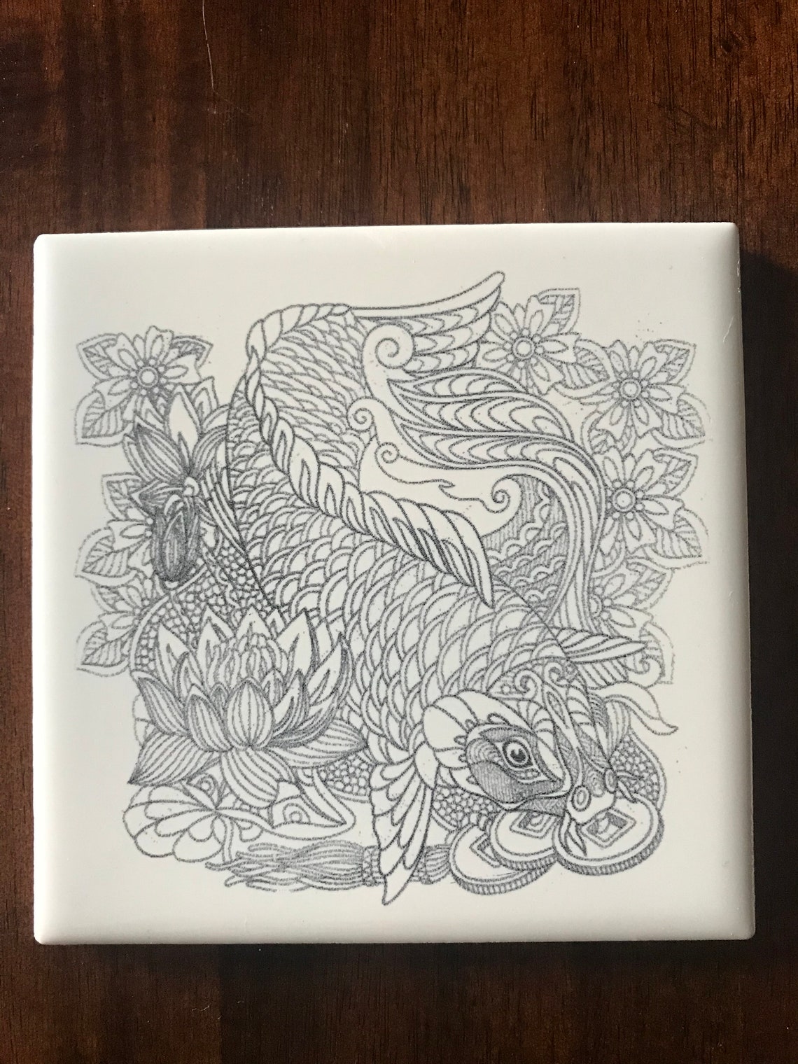 Engraved Koi on Ceramic Tile Coasters | Etsy