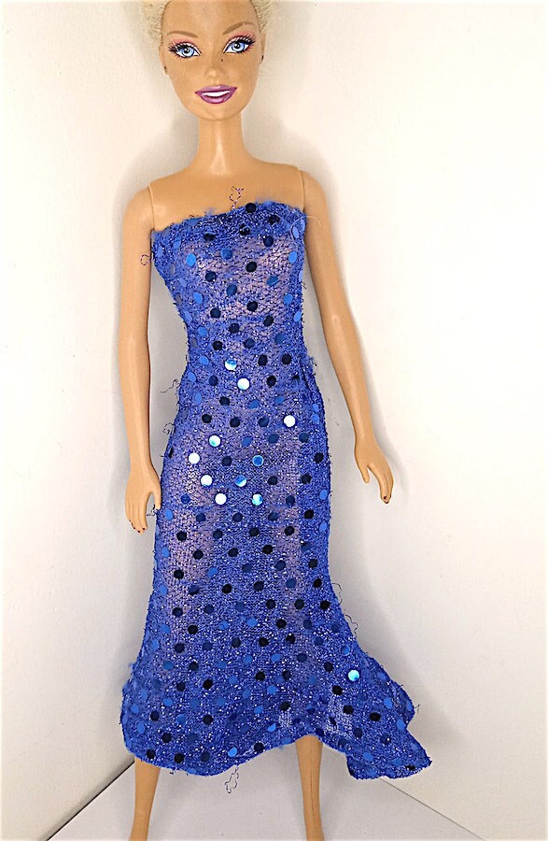 BARBIE 90s Mattel Vintage Blue Transparent Dress With Sequins Long ...