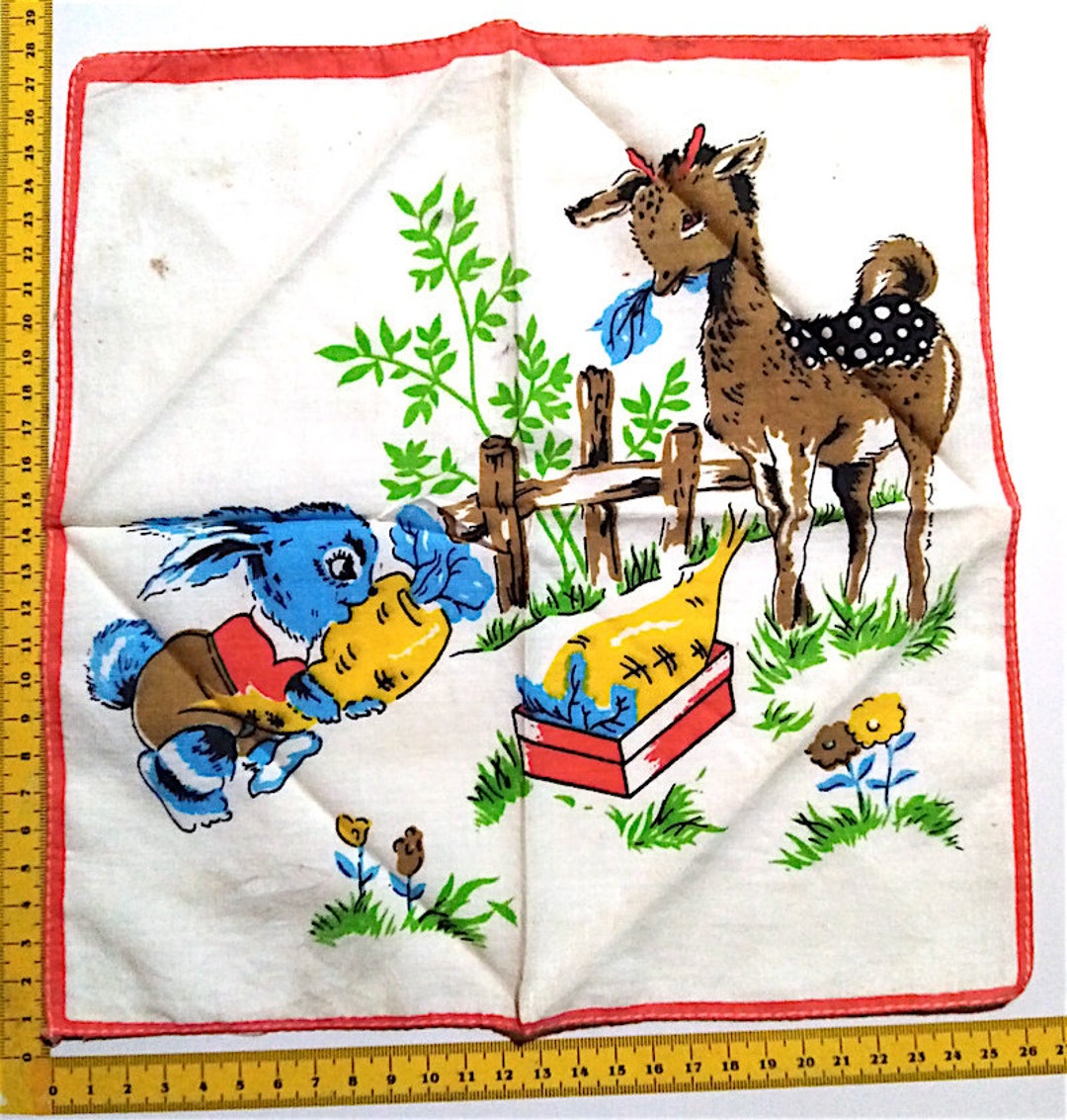 1960s Handkerchief With Donkey and Rabbit Vintage Cotton Handkerchief ...