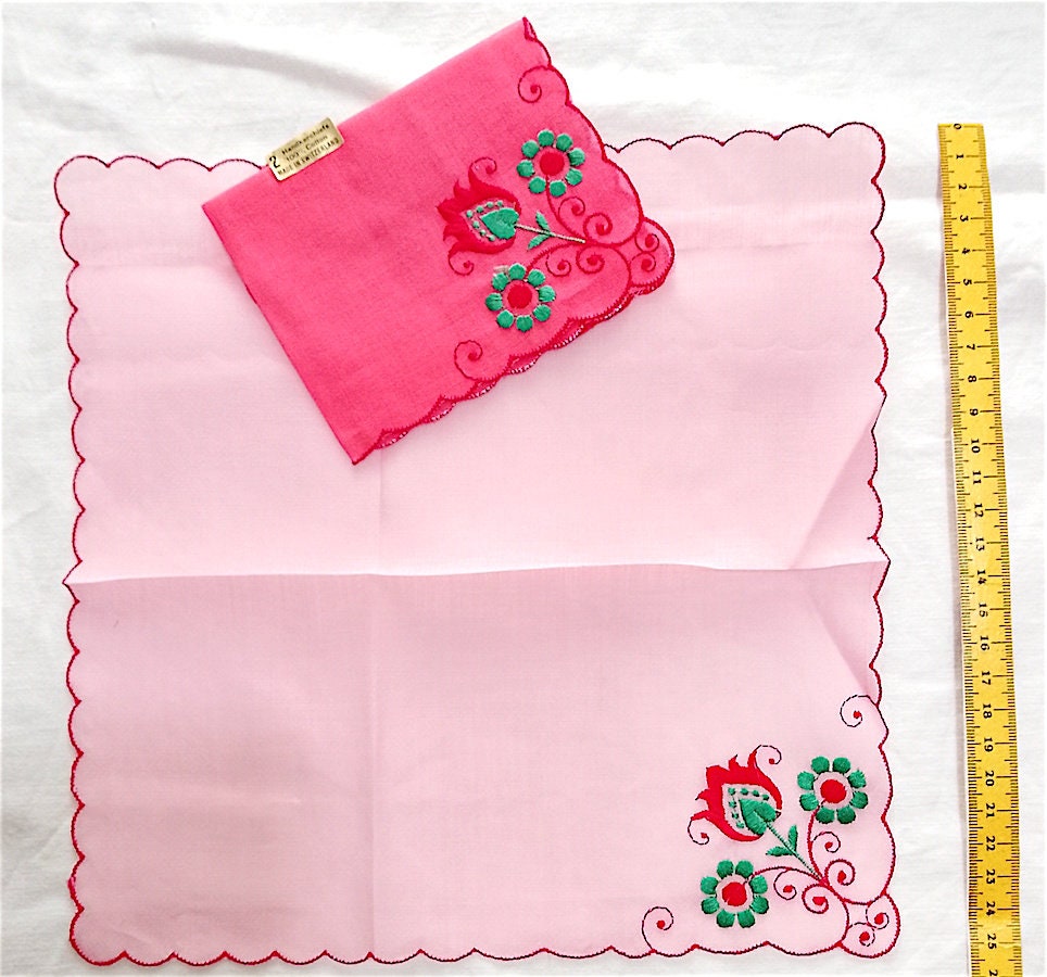 60s Swiss Lot 2 Beautiful Cotton Handkerchief Pink With Broderies ...