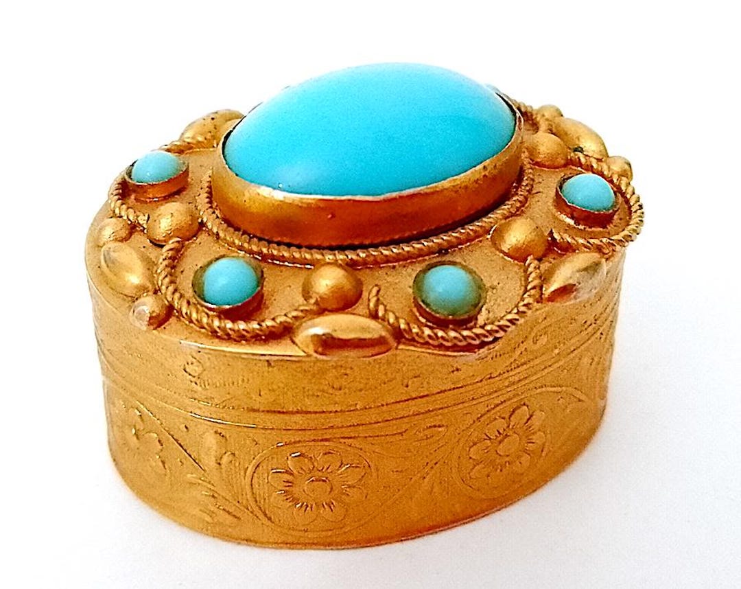 50's Pill Box Gold With Turquoise Super Luxury Pill Box Turquoise and ...