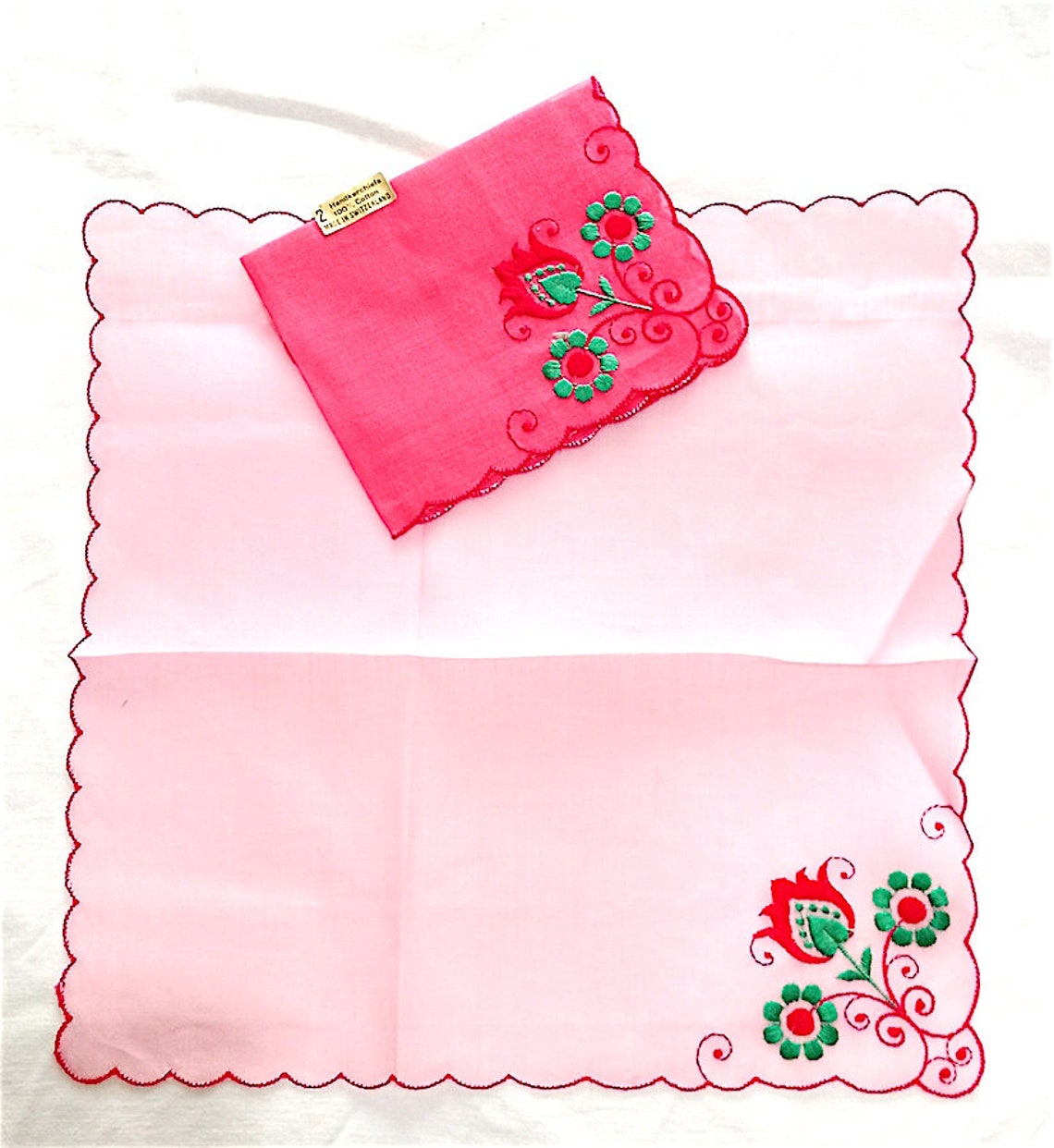 60s Swiss Lot 2 Beautiful Cotton Handkerchief Pink With Broderies ...