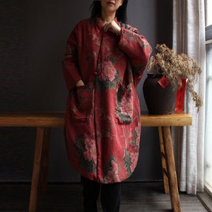 Vintage Quilted Jacket, Red Traditional Chinese Coat, Retro Flowers ...