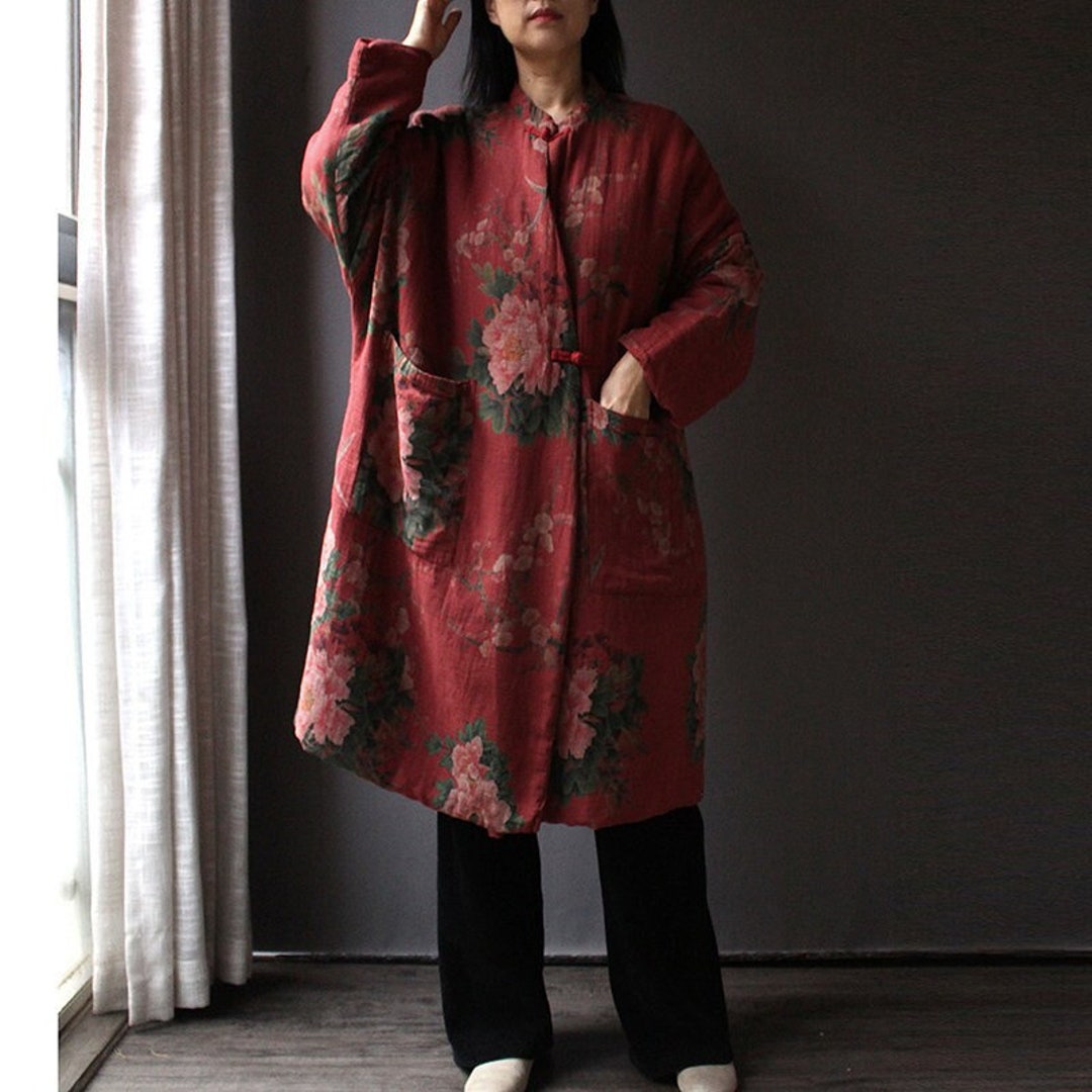 Vintage Quilted Jacket, Red Traditional Chinese Coat, Retro Flowers ...