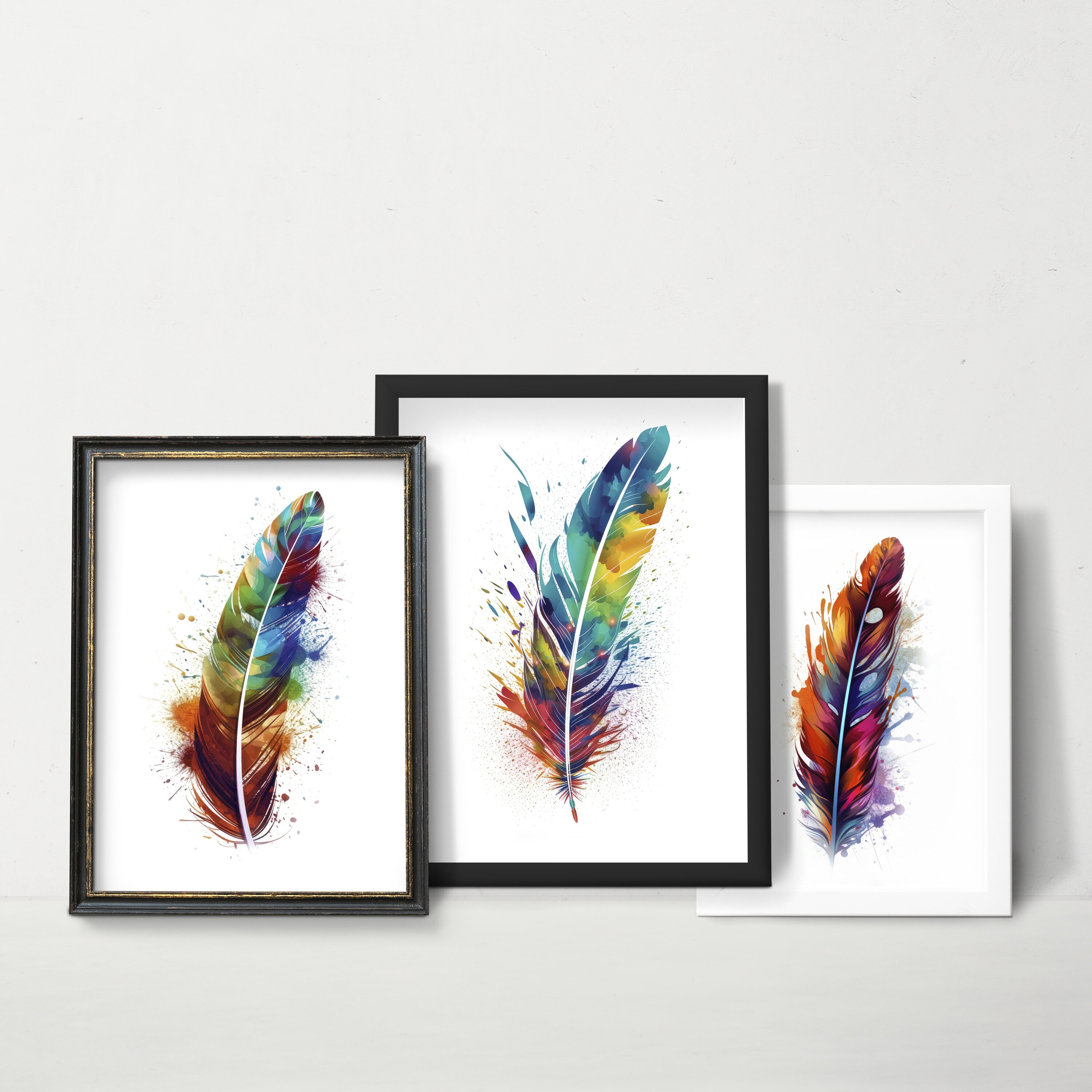 Colourful Feather Illustrations Set of 3 Ai-assisted Digital Painting ...