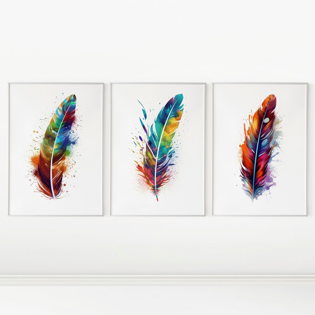 Colourful Feather Illustrations Set of 3 Ai-assisted Digital Painting ...