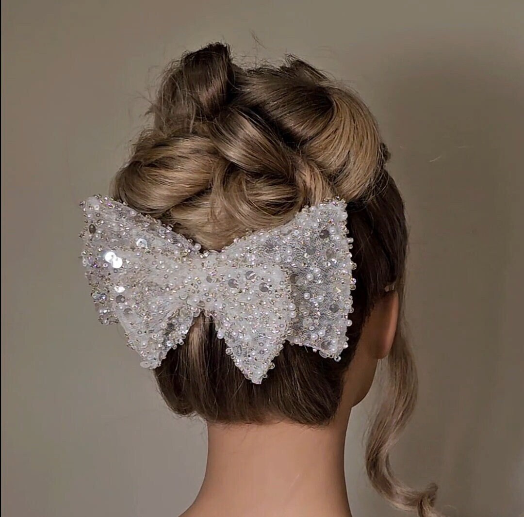 OVERSIZED BRIDAL BOW Extra Large Bow Tulle Bow French Barrette Clip Bow ...