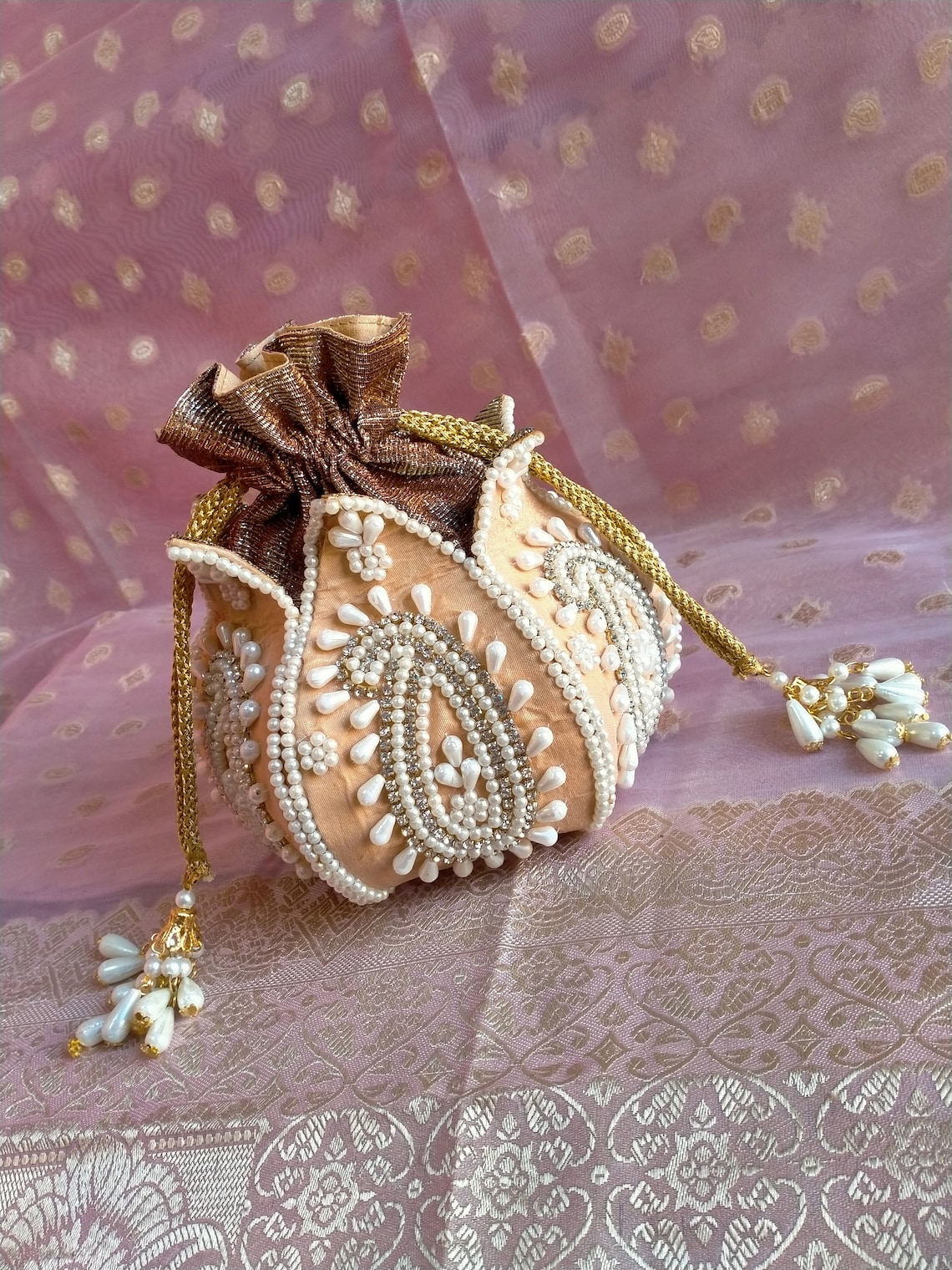 Beige Potli Bag Wedding Gift Handmade Unique Purse Embroidered - Etsy