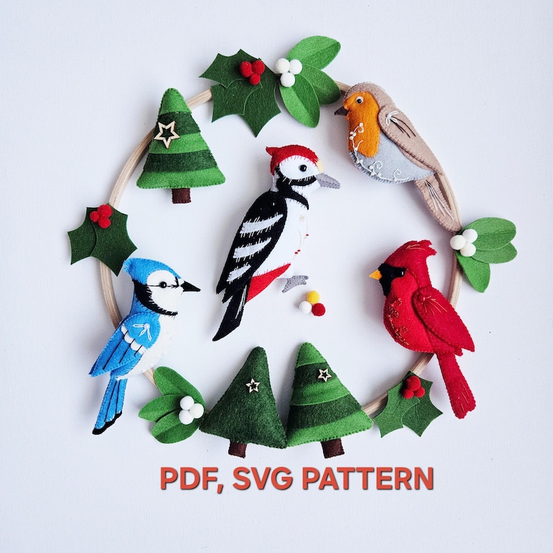 American Bird PDF SVG Pattern, Felt Woodpecker, Red Cardinal, Robin ...
