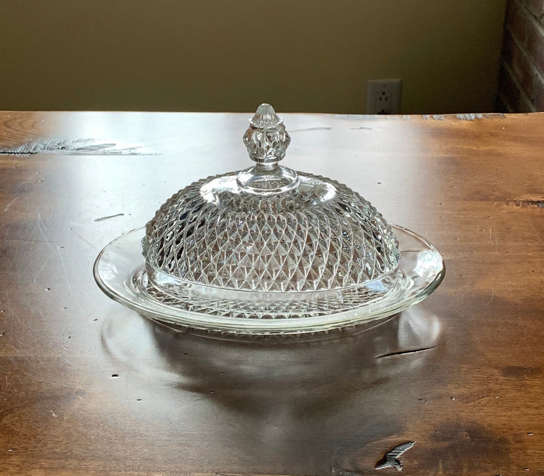 Vintage Indiana Glass Crystal 2 Piece Diamond Point Oval Butter Dish ...