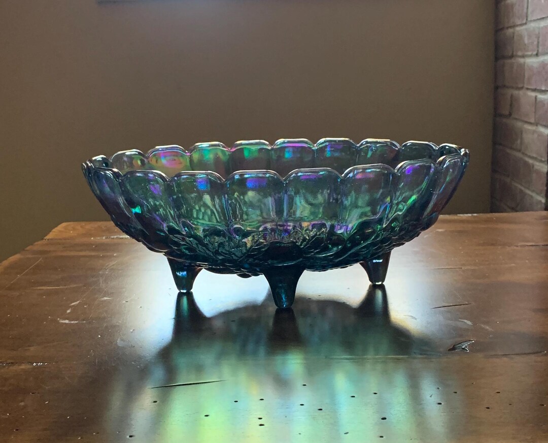 Vintage 1970s Indiana Glass Iridescent Blue Carnival Glass Footed ...