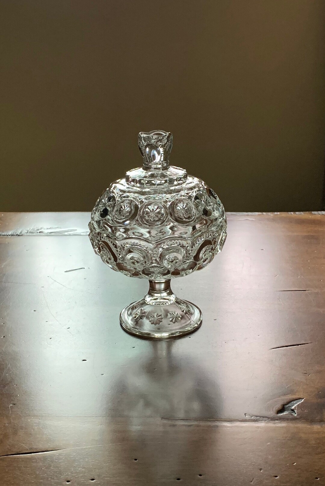 Vintage L.E. Smith Clear Glass Moon and Star Small Pedestal Compote ...