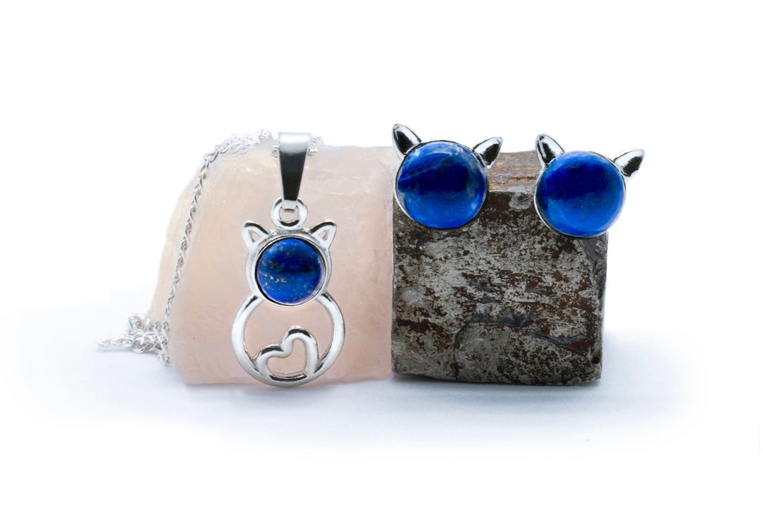 CAT JEWELRY SET | Lapis Lazuli Cat Necklace and Earrings | Cat Lover ...