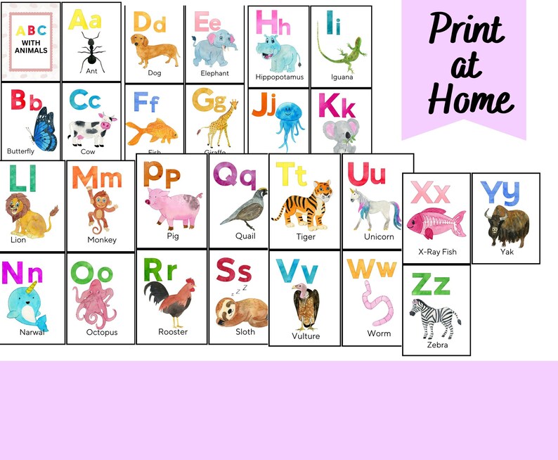 Alphabet With Animals Flashcards, Nursery , Homeschool, Toddler ...