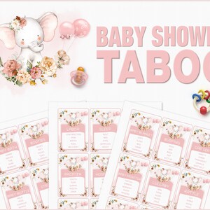 Baby Shower TABOO Printable Baby Shower Game GIRL Elephant Flowers Pink ...