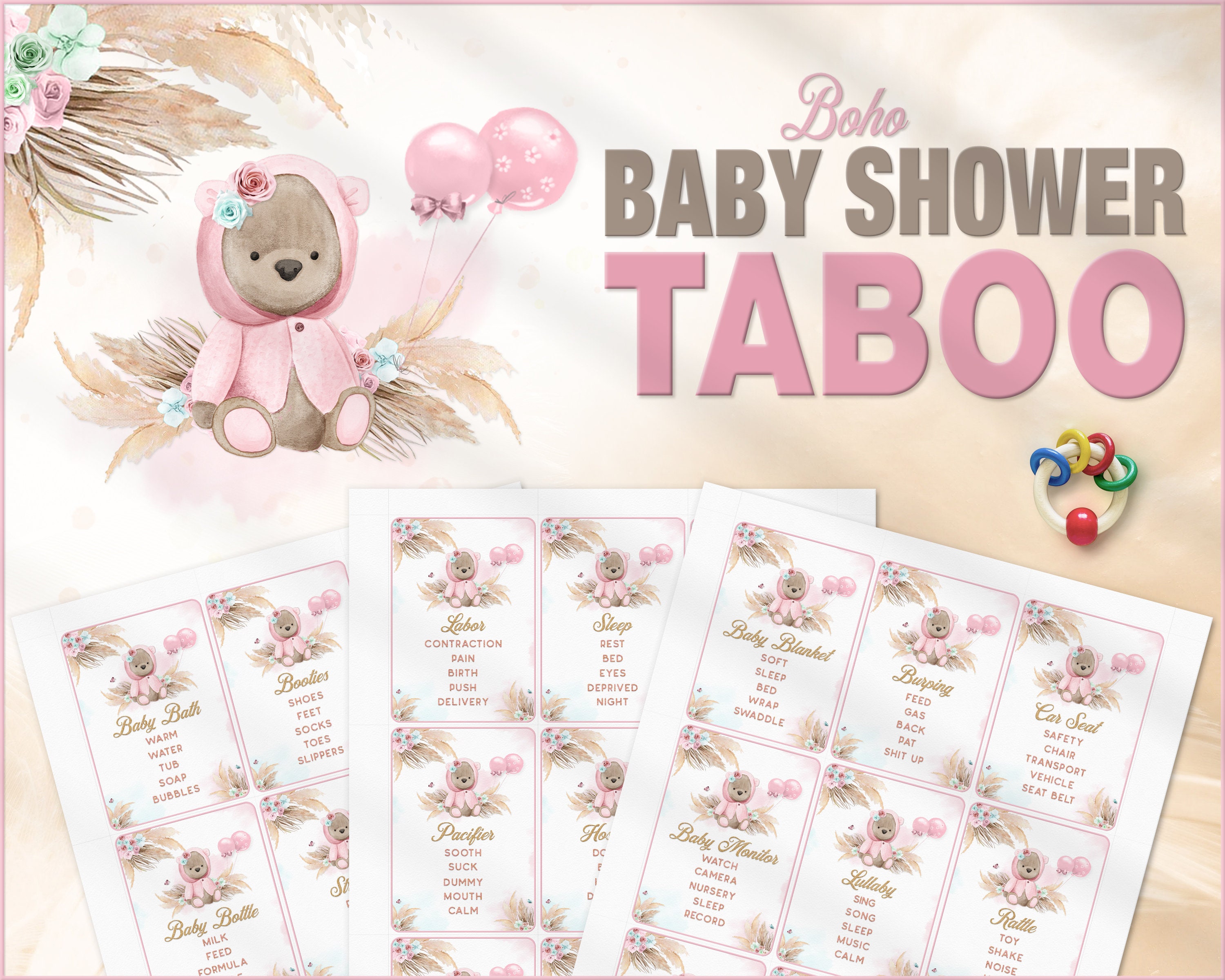 Boho Baby Shower TABOO Printable Baby Shower Game GIRL Brown Pink ...
