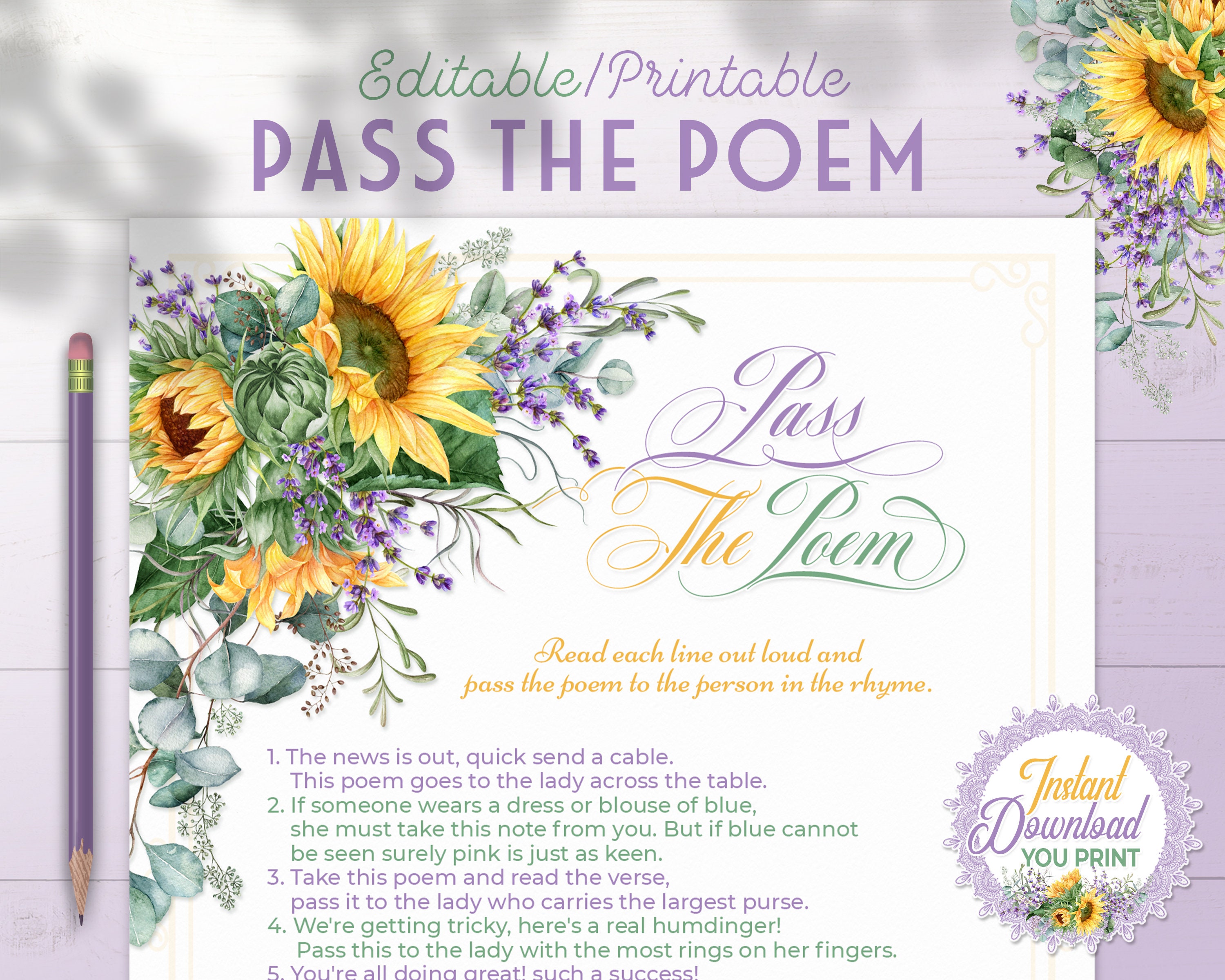 Paper & Party Supplies Party Supplies Sunflower Pass the Poem Instant ...