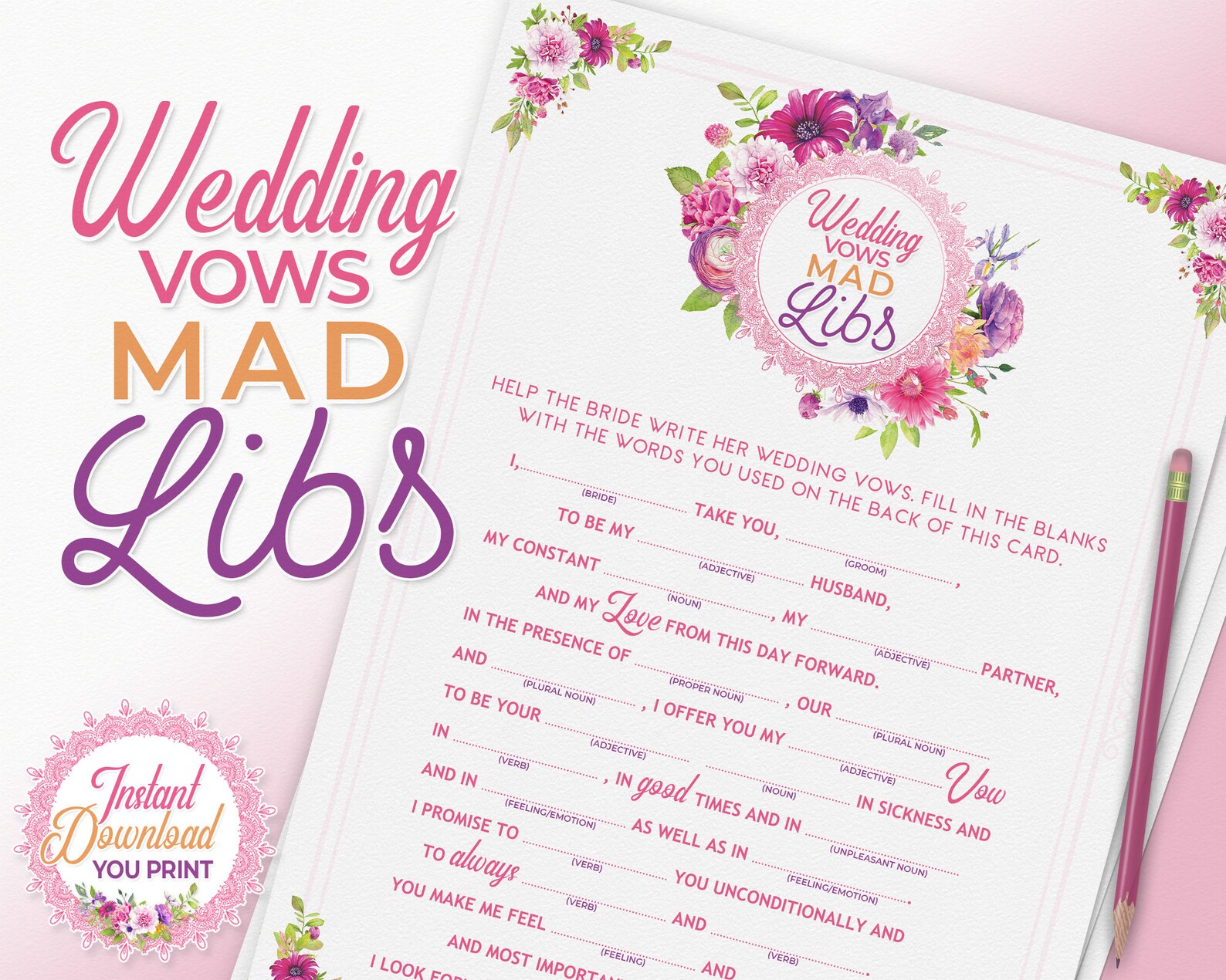 Wedding Vows Mad Libs Printable Bridal Shower Game Vow Mad | Etsy
