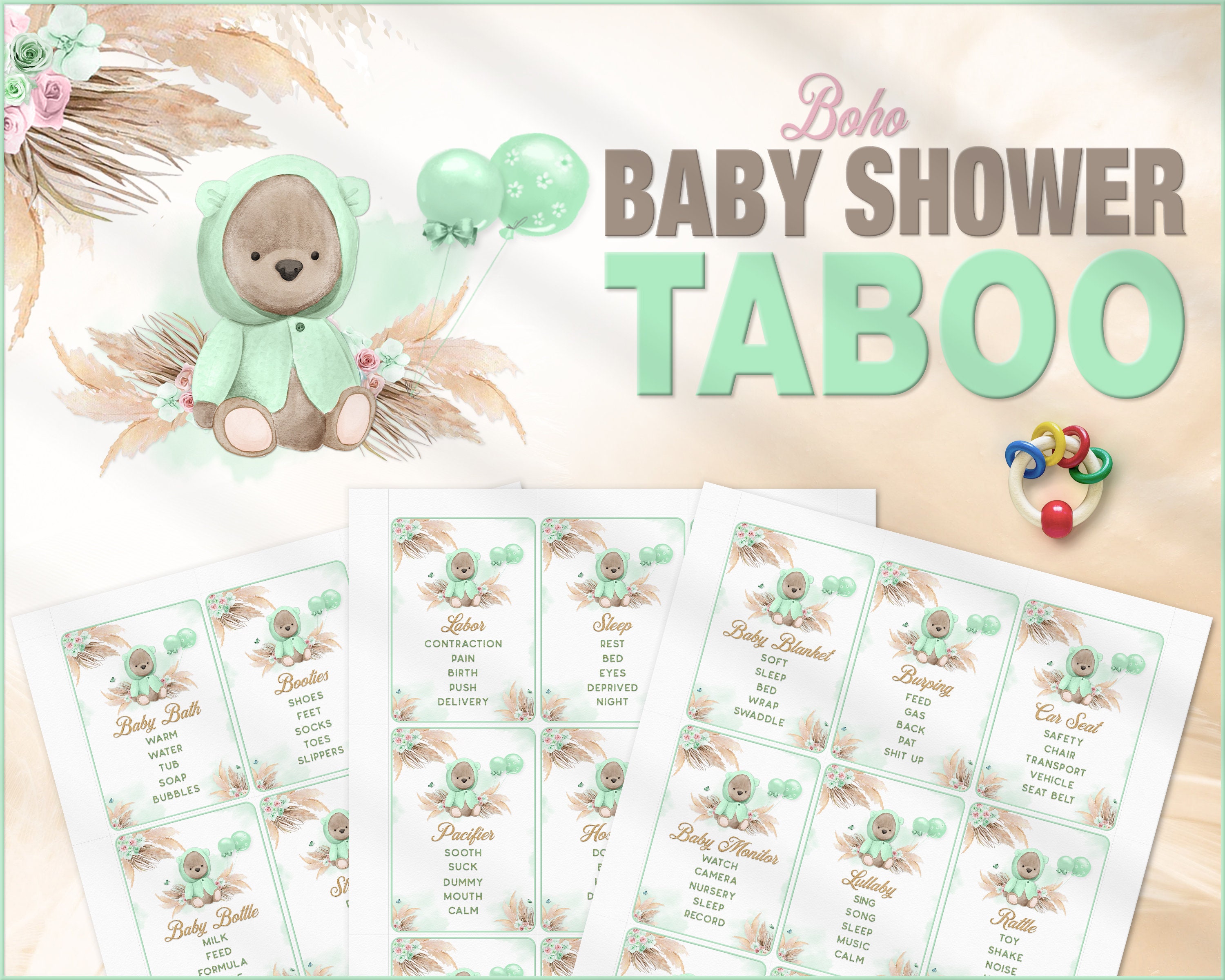 Boho Baby Shower TABOO Printable Baby Shower Game Gender Neutral Brown ...