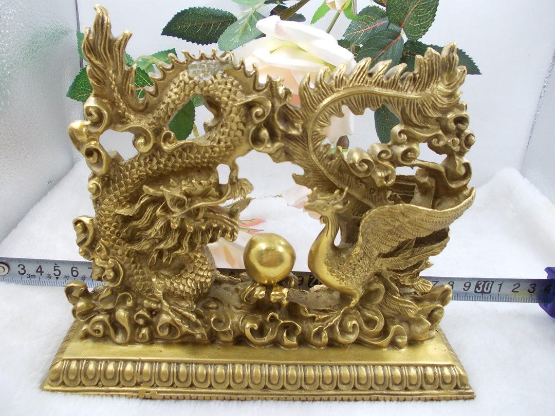 Vintage Brass Dragon and Phoenix Statue Relief for Decor on Shelf ...