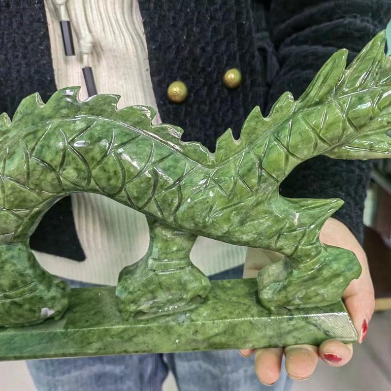 Large Hand Carved Green Jade Dragon Statue Fengshui Prosperity Figure ...