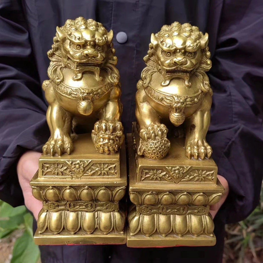Asian Copper Evil Fu Foo Dog Lion Statue Pair Signed, Antiques Chinese ...