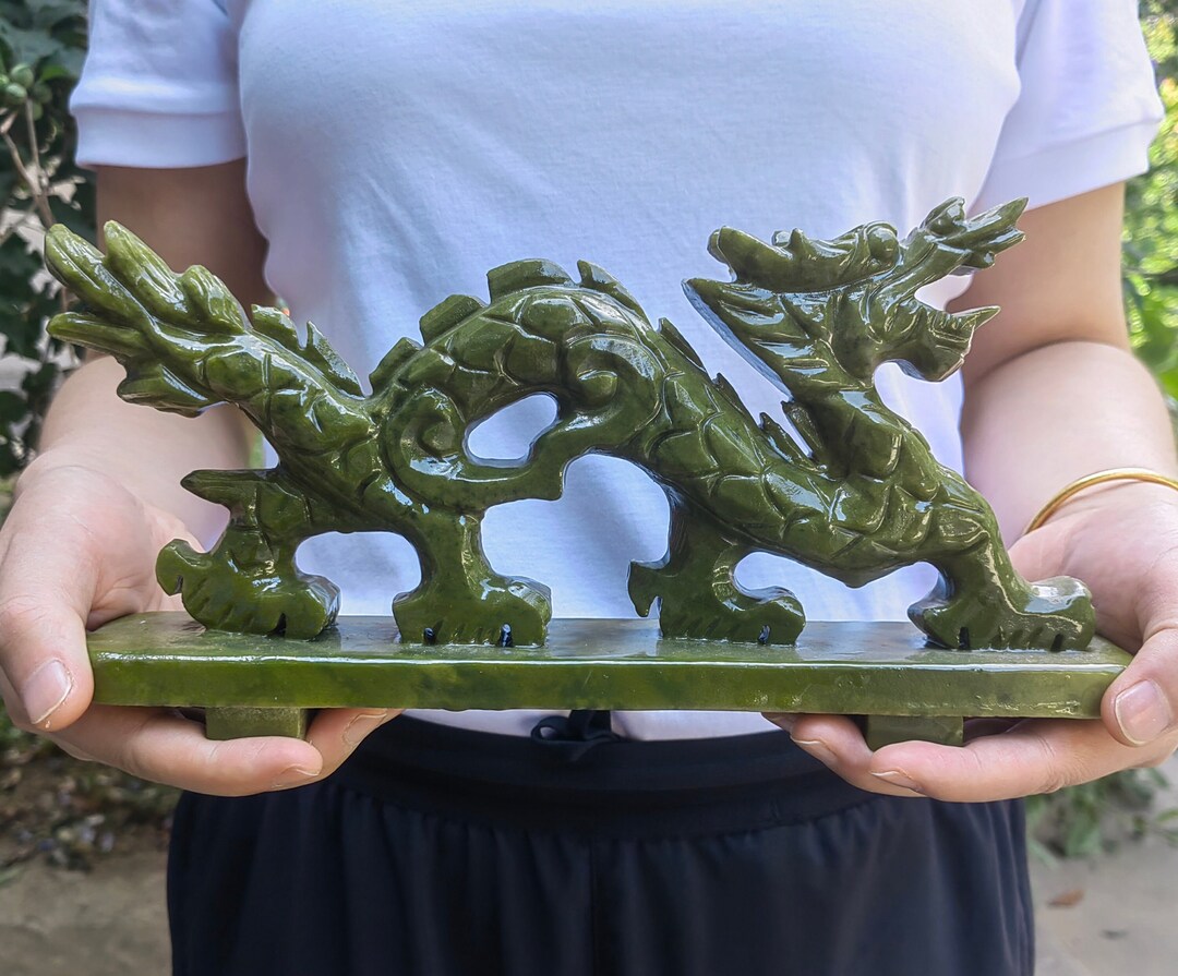 2024 Year of the Dragon Large Natural Carved Green Jade Dragon Fengshui ...