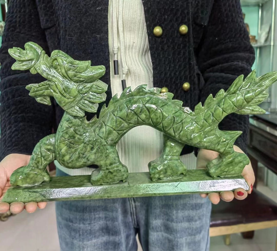 Large Natural Carved Green Jade Dragon Fengshui Figure Statue Sculpture ...