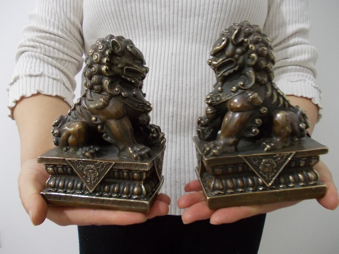 A Pair Brass Lion Foo Dogs Statue Lucky Animal Figures Fengshui Peking ...