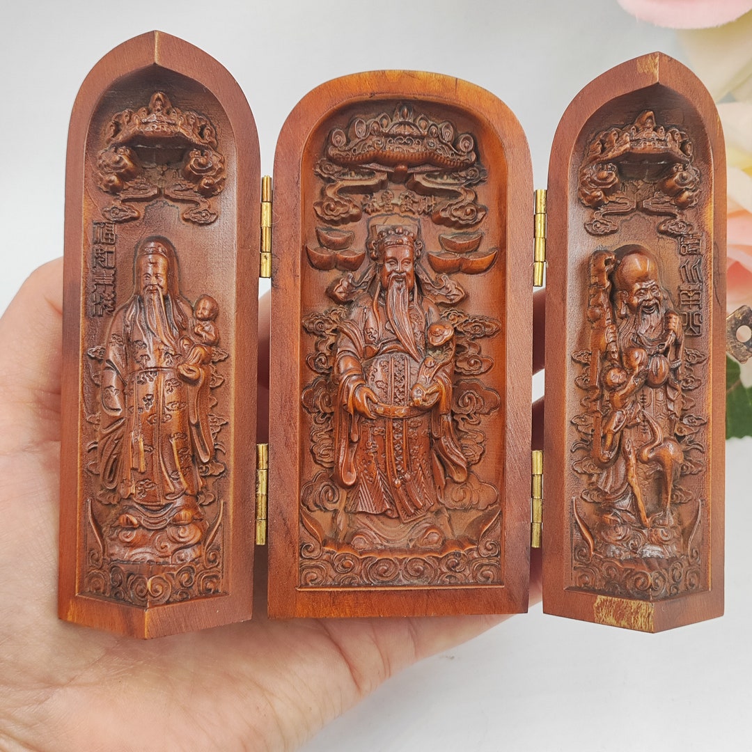 Buddha Portable Wooden Buddha Niches, Boxwood Hand Carving Box-three ...