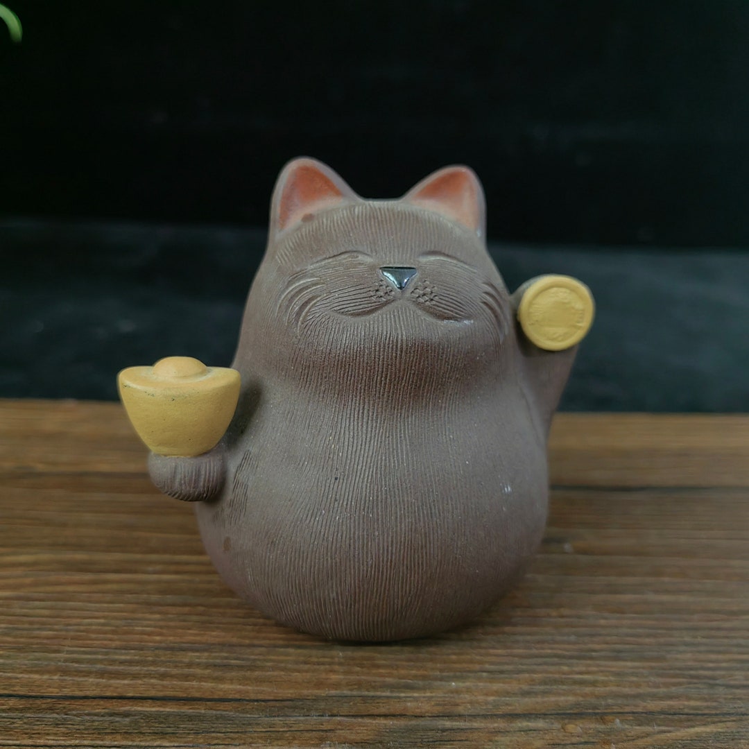 Lovely Cat Miniature Figurine, Porcelai Purple Clay Cute Cat Stuatue ...