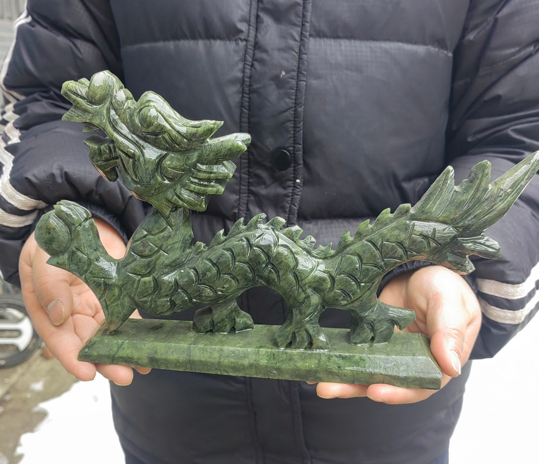 Hand Carved Green Jade Dragon Statue, Fengshui Figure, Loong Sculpture ...