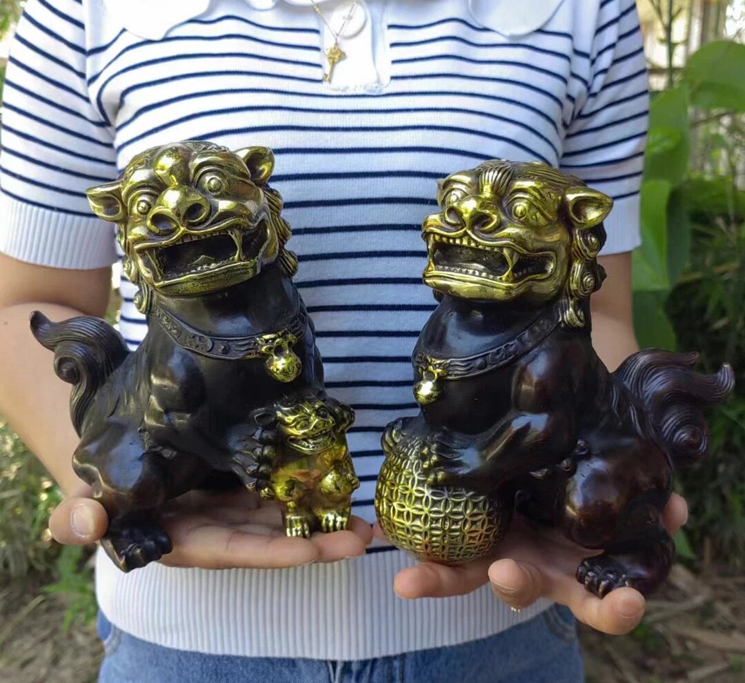 A Pair Brass Lion Foo Dogs Statue Lucky Animal Figures Fengshui Peking ...