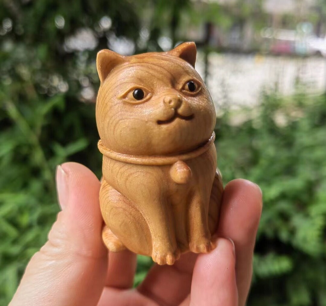 Natural Boxwood Wood Hand Carved Cat Statue Netsuke Fengshui,luxury ...