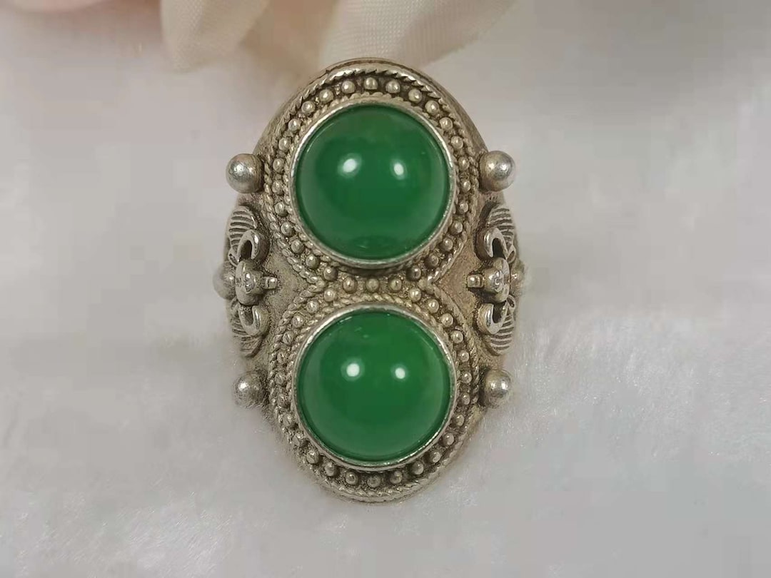 925 Sterling Silver Jade Ring for Women, Silver Adjustable Ring Wrap ...