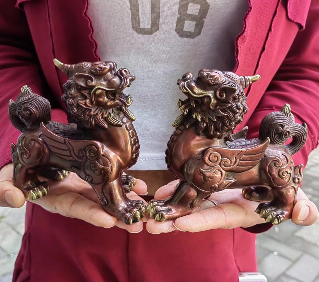 Pair Copper Pixiu Statue qi Lin Beast Figurine, the Sacred Dragon in ...